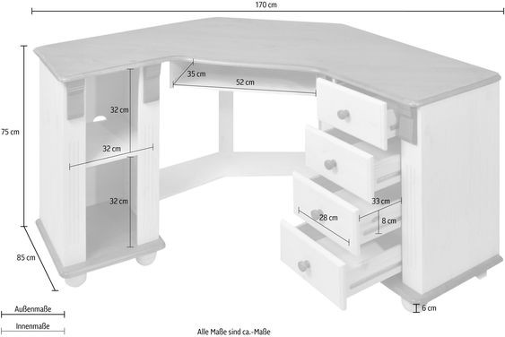 Birou de colt Adele Home Affaire, lemn masiv, alb/cires, 170 x 85 x 75 ...
