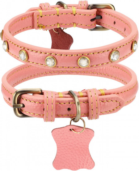 Set de 2 curele reglabile pentru caini Auniq, piele, roz, 26-32 cm, S ...