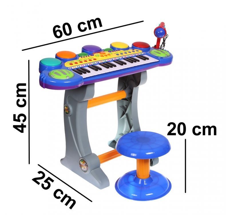 Orga Electrica Pentru Copii cu Tobe, Scaunel si Microfon, Albastra