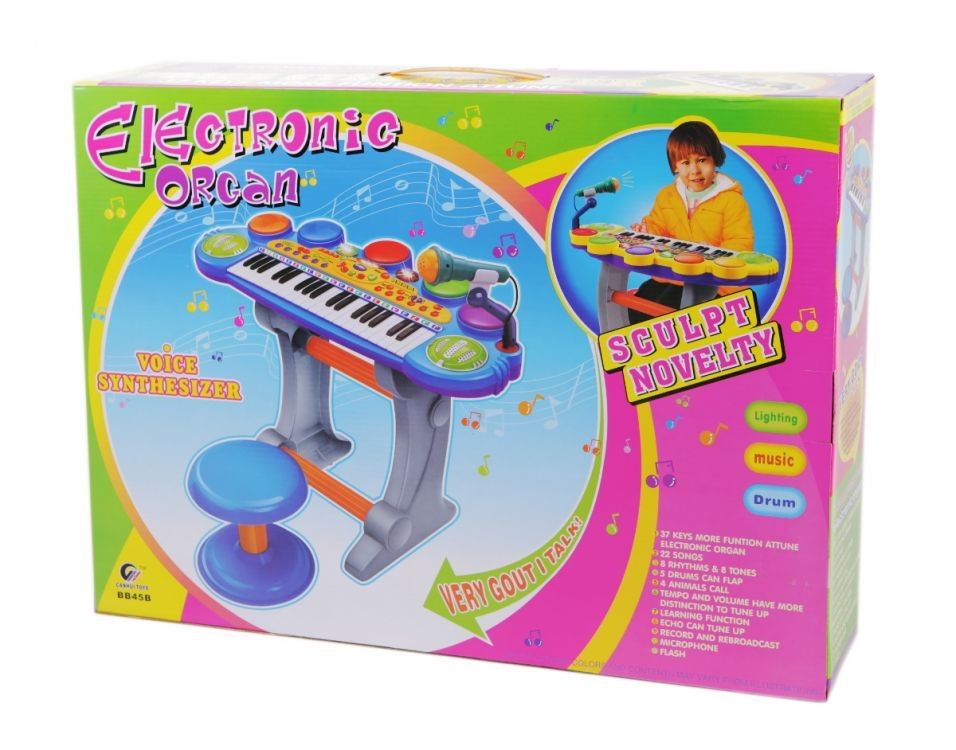 Orga Electrica Pentru Copii cu Tobe, Scaunel si Microfon, Albastra