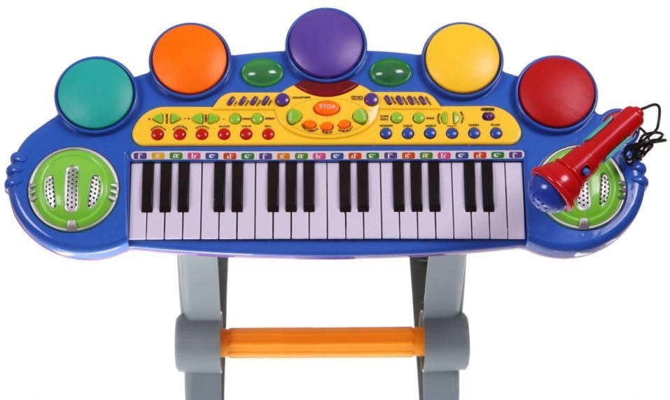 Orga Electrica Pentru Copii cu Tobe, Scaunel si Microfon, Albastra
