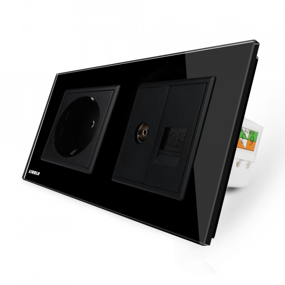 Priza combinata dubla cu rama din sticla (priza+TV+calculator) standard ...