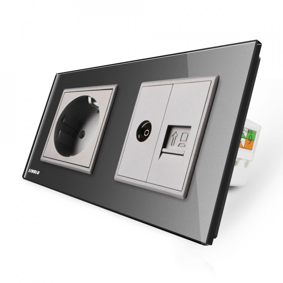 Priza combinata dubla cu rama din sticla (priza+TV+calculator) standard ...