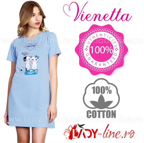 Camasa de Noapte Vienetta Secret, Bumbac 100%, 'Always Together' Blue