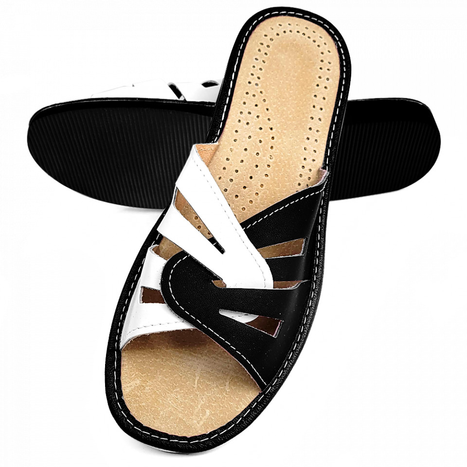 Papuci de Casa Vara din Piele Culoare Alb/Negru Model 'Castra Regia'