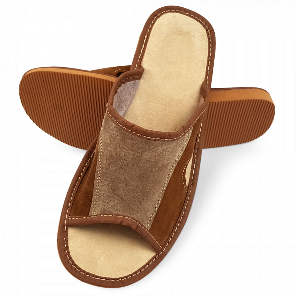 Papuci de Casa Vara din Piele Intoarsa Culoare Maro Model 'Velvety Step'