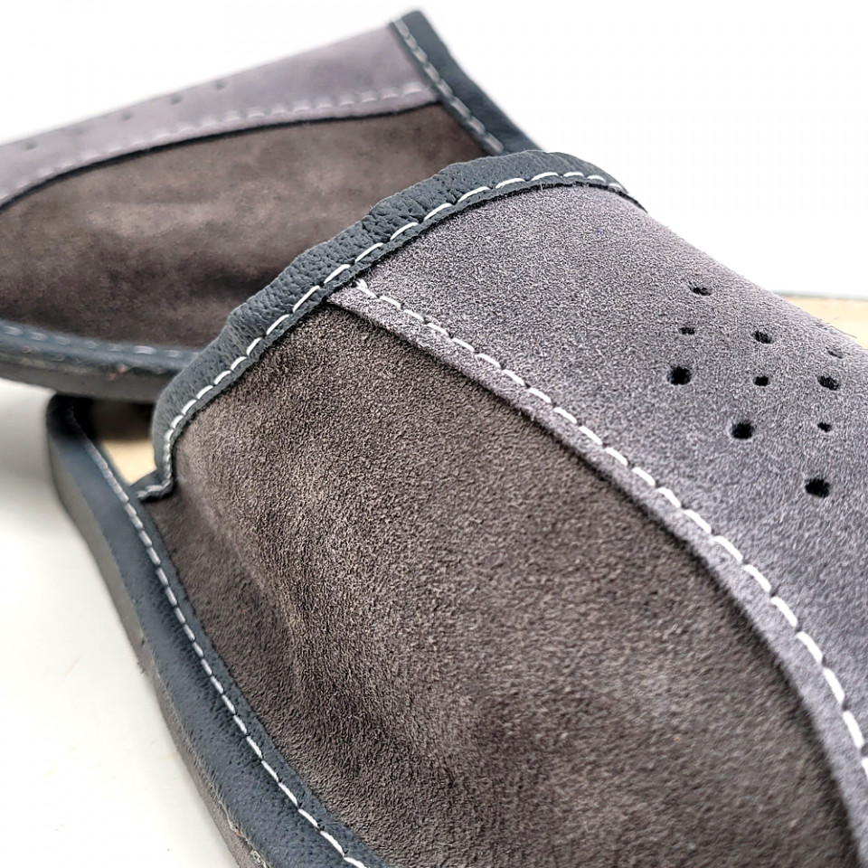 Papuci de Casa din Piele Intoarsa Culoare Gri Model 'In Tandem Softly'