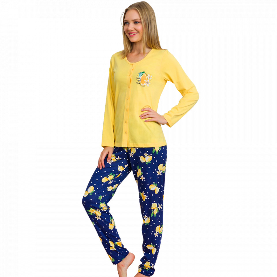 Pijamale Dama cu Nasturi din Bumbac Vienetta Model 'Lemon Girl Power ...