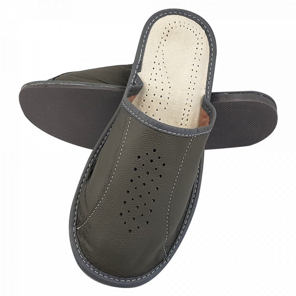Papuci de Casa Barbati din Piele Culoare Gri Model 'Classic Gray'