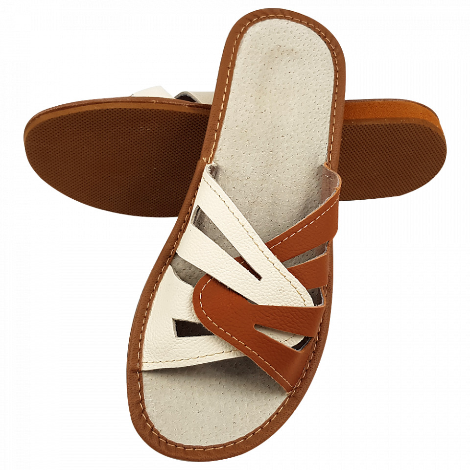 Papuci de Casa Vara din Piele Culoare Crem/Maro Model 'Imperial Feet'