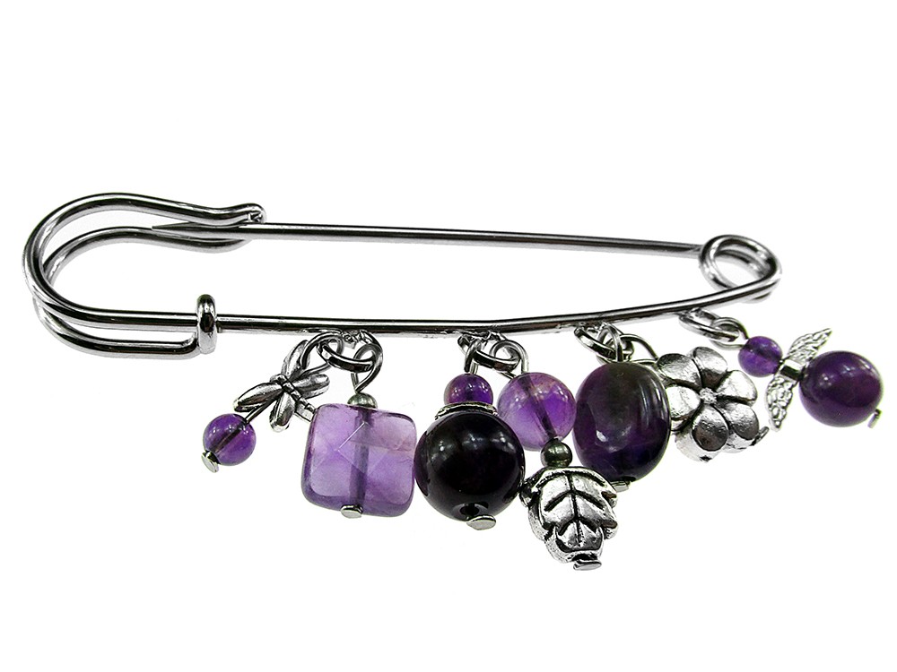 Brosa ac de siguranta supradimensionat cu ametist natural si charmuri