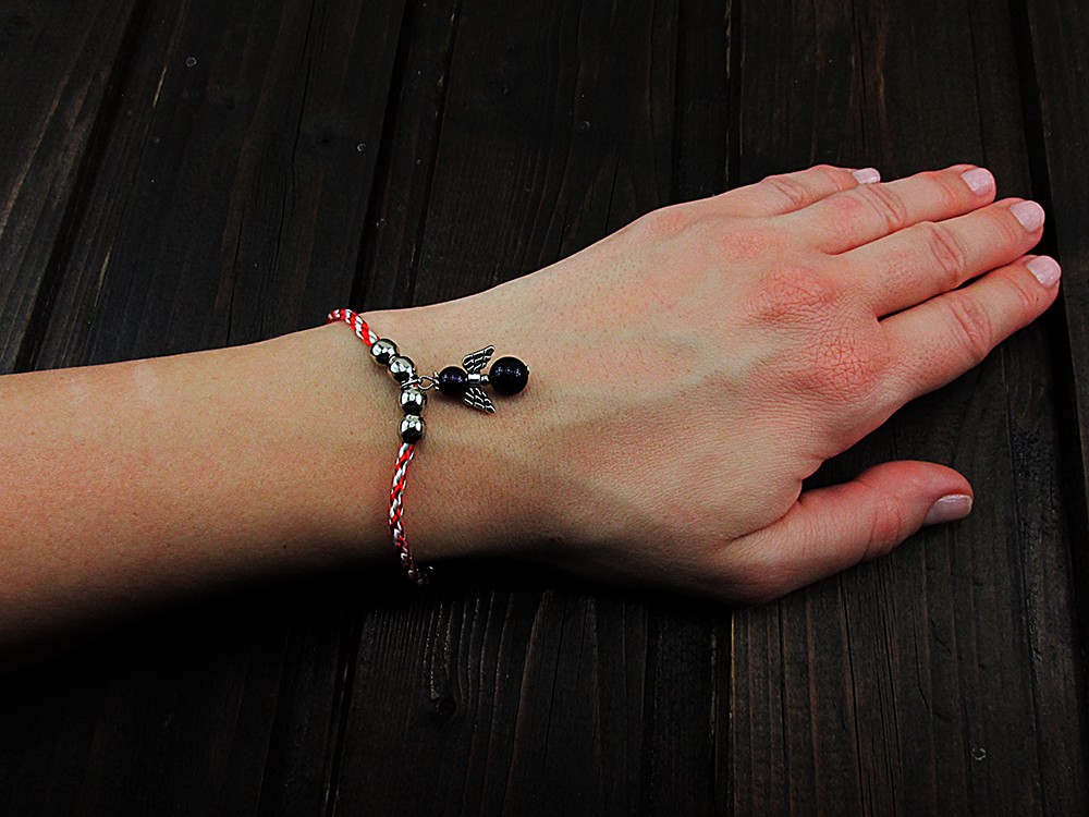 Set 3 bratari martisor cu ingerasi Piatra Soarelui albastra, cuart roz ...