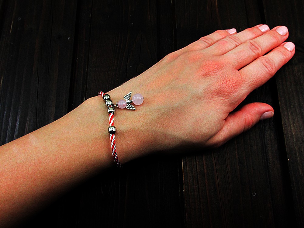 Set 3 bratari martisor cu ingerasi Piatra Soarelui albastra, cuart roz ...