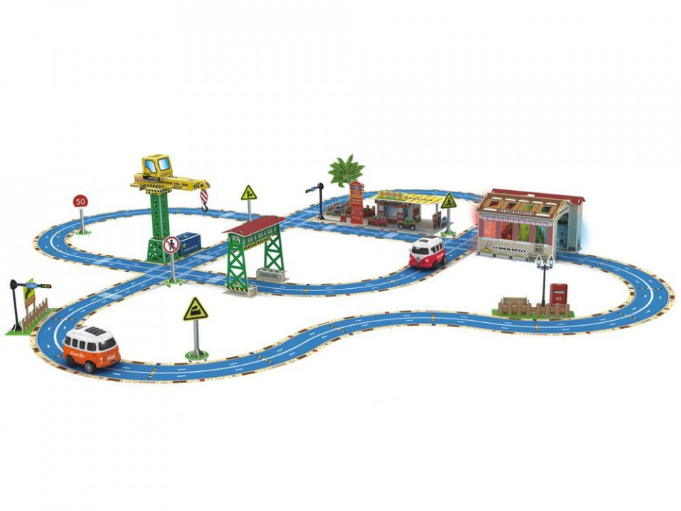 Set creativ, traseu de construit, cu 2 masinute, indicatoare rutiere si ...