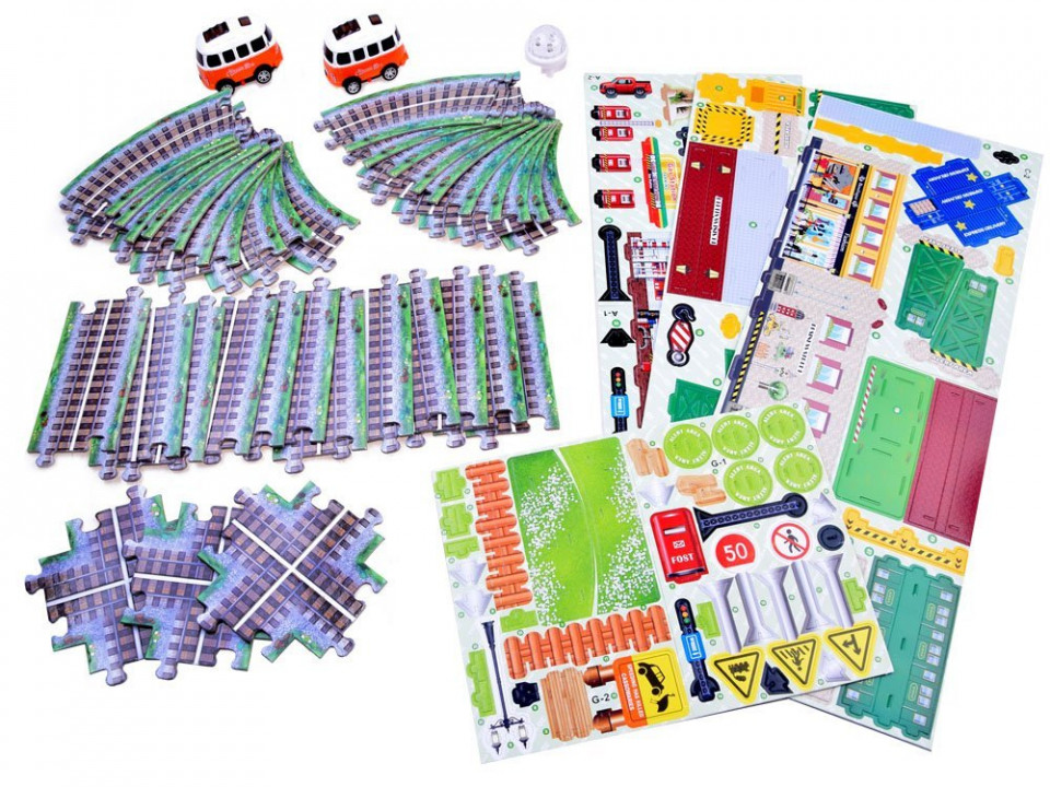 Set creativ, traseu de construit, cu 2 masinute, indicatoare rutiere si ...