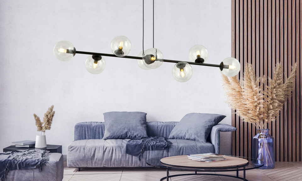 Lustra moderna neagra cu 8 globuri din sticla transparenta Rossi