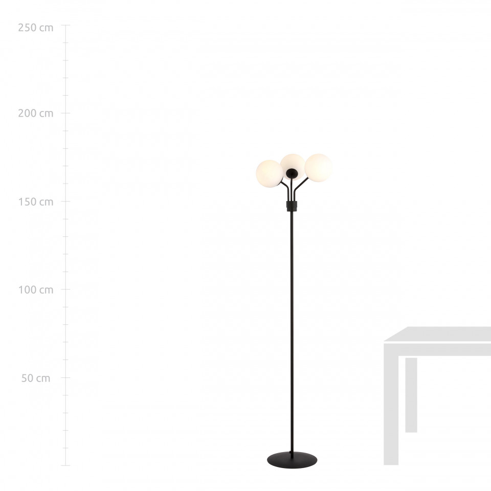 Lampadar modern negru cu 3 globuri din sticla albe Nova
