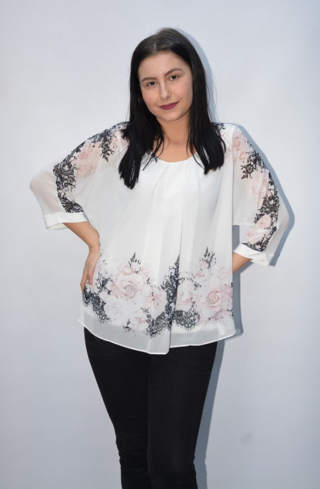 Bluza de ocazie din material tip voal,alb cu imprimeu floral pudra
