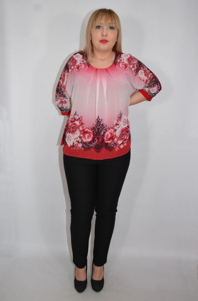 Bluza de ocazie din material tip voal ,rosu cu imprimeu floral