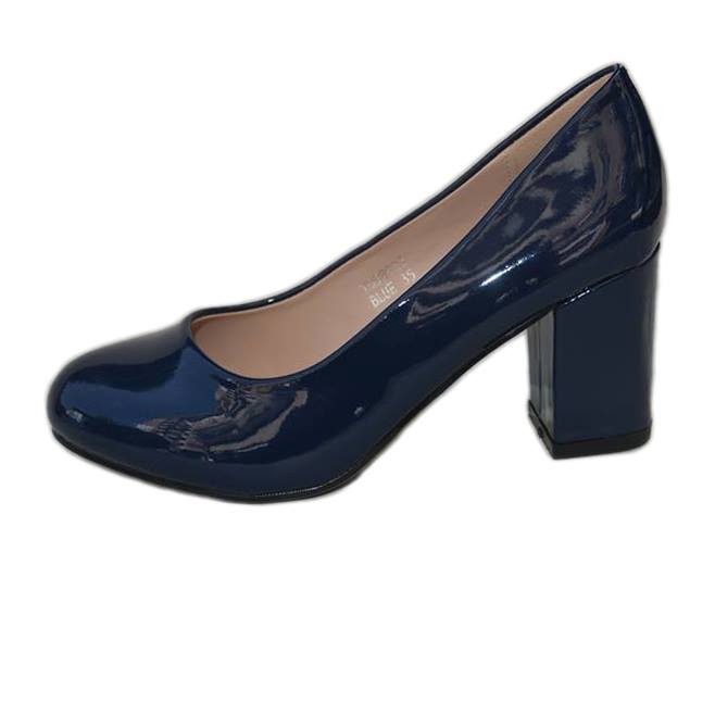 Pantof simplu, elegant, bleumarin, cu toc lat inaltime medie