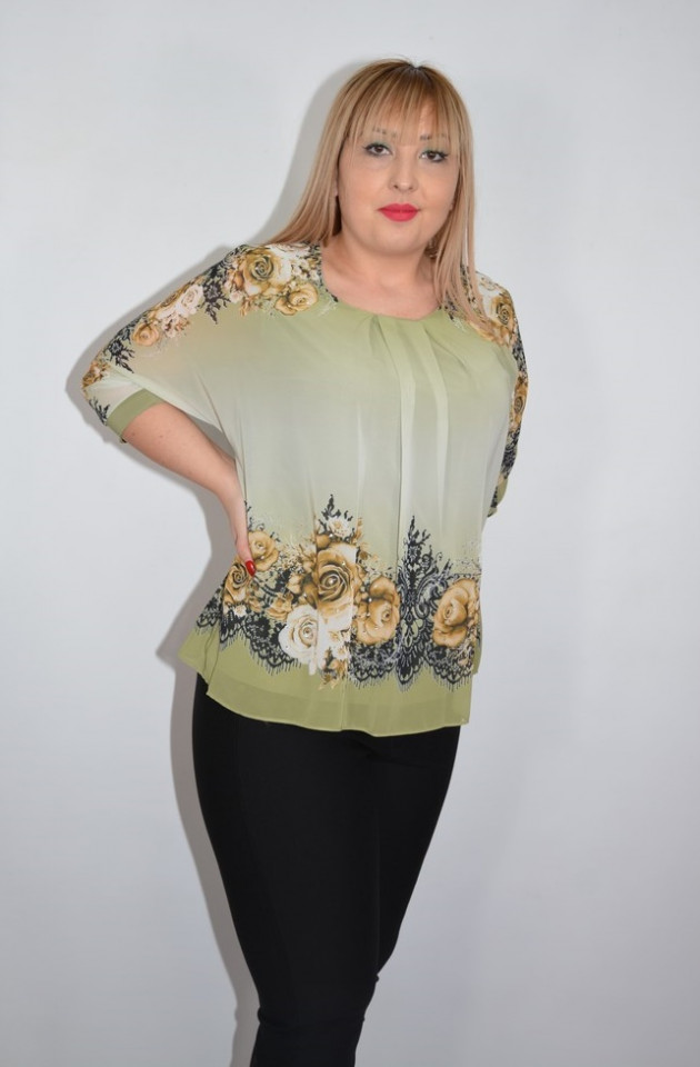 Bluza de ocazie din material tip voal ,verde cu imprimeu floral