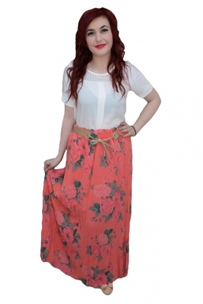 Fusta de vara, nuanta de corai, imprimeu cu motive florale