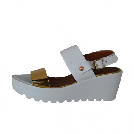 Sanda fashion din barete late din piele, de nuante alb si auriu