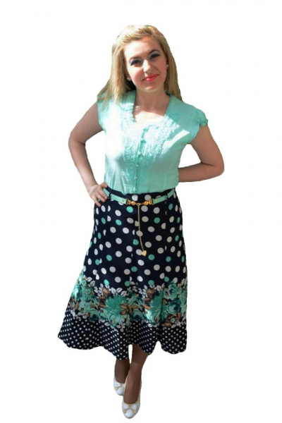 Fusta tinereasca cu buline si bordura florala, nuanta turcoaz