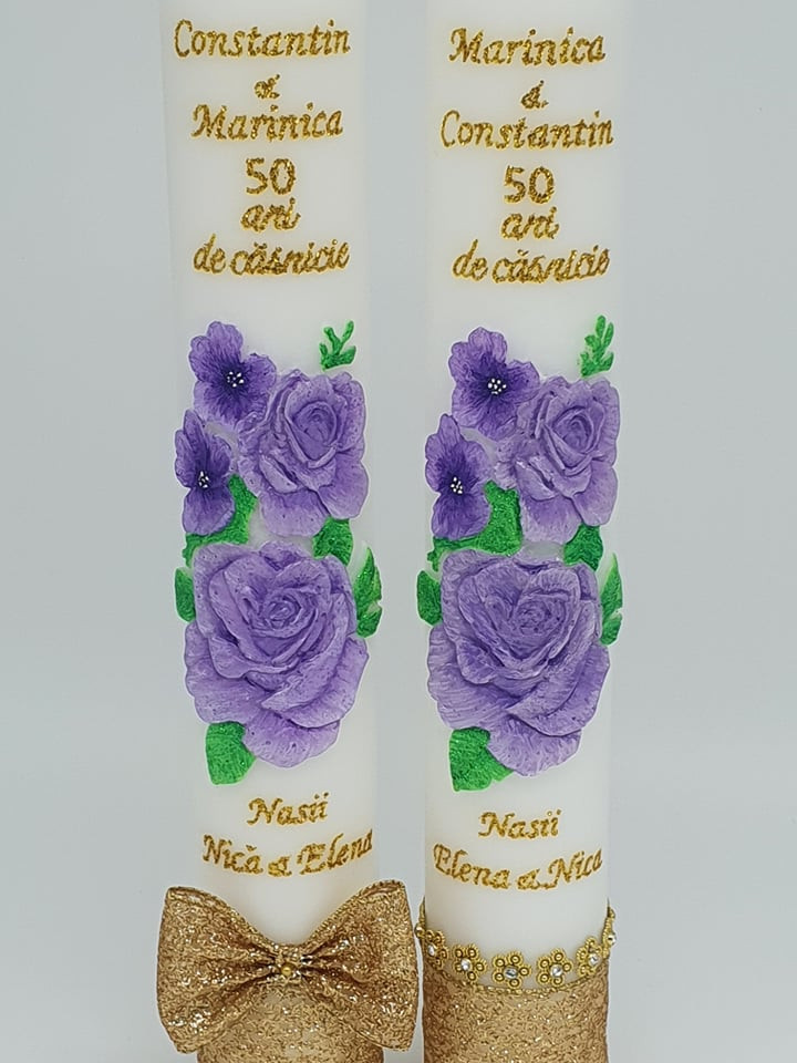 Set 2 Lumanari Nunta De Aur Cu Trandafiri 3D