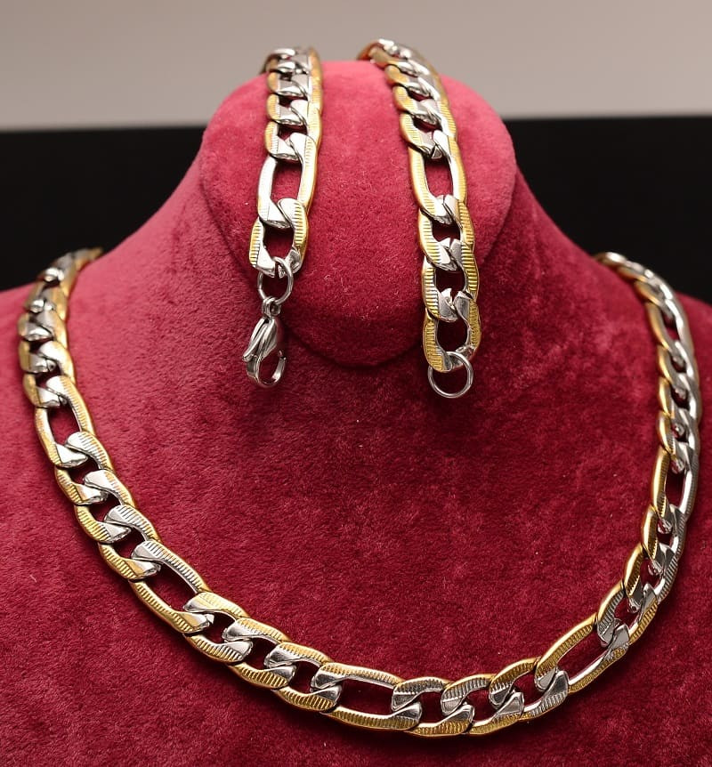 Set Lant+Bratara Inox Cuban Auriu Argintiu Cod S226B