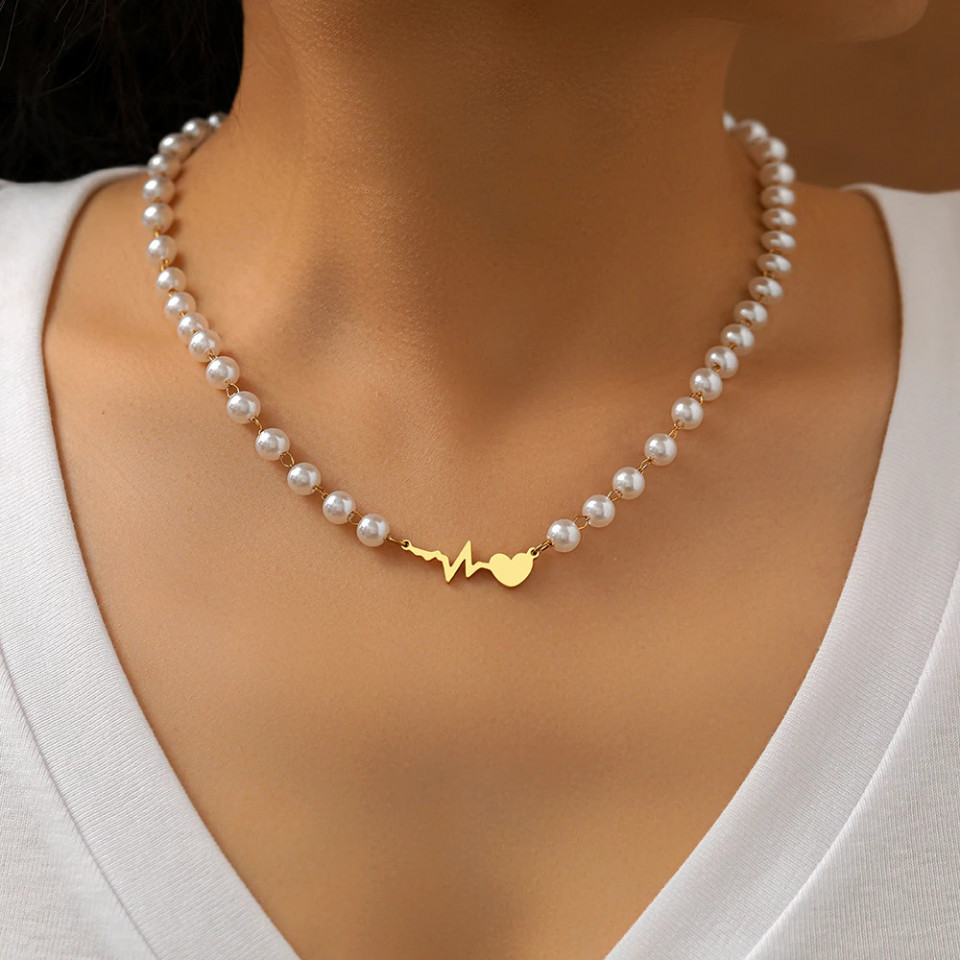 Lantisor Inox Auriu Bataile Inimi si Perle - N1747