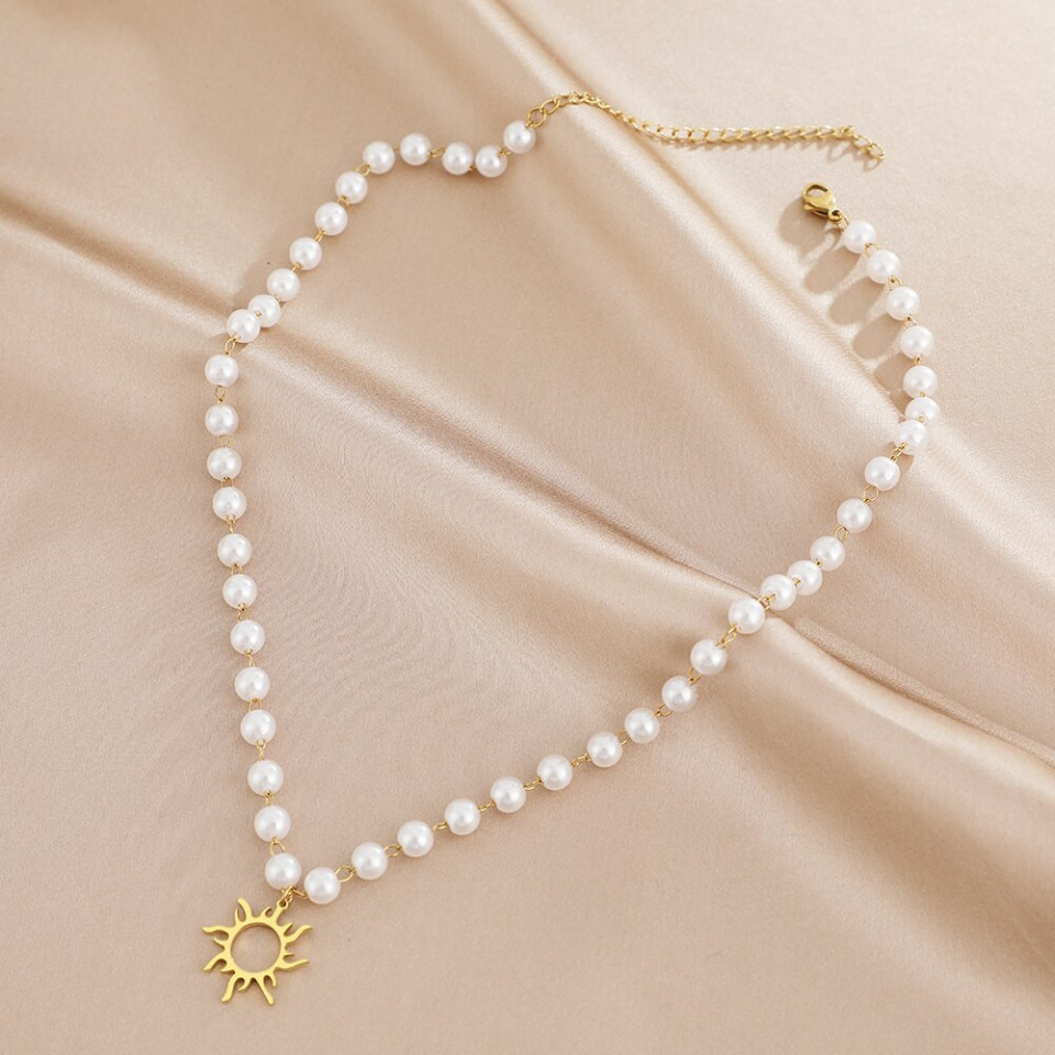 Lantisor Inox Auriu Soare si Perle- N1761