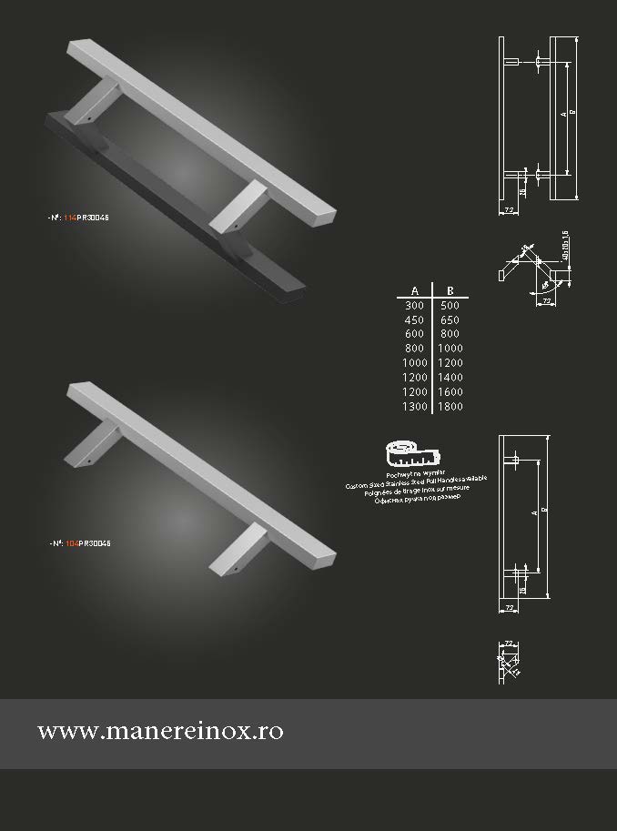 Set maner tragator inox 20x40 lungime 500mm 45 grade